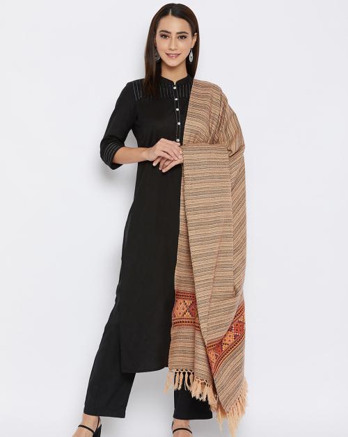 Buy Vero Amore Women's Beige Kullu Design Jacquard Shawl has a fringed ...