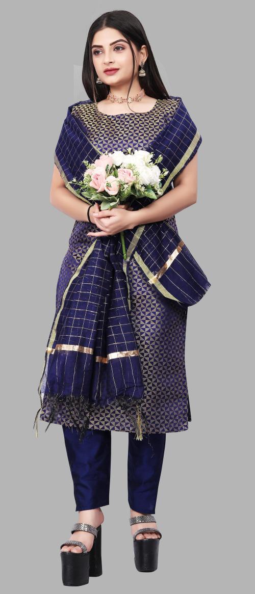 Buy Eilara Women's Silk Blend Navy Blue Straight Kutra, Pant with Dupatta Online at Best Prices ...