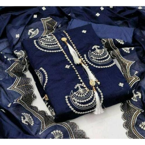 Buy GURHAL Embroidered Chanderi Unstitched Dress Material Navy Blue ...