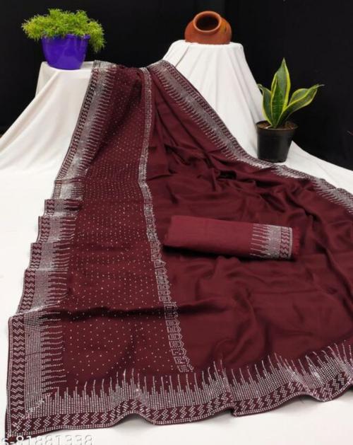 Buy Prajval Women Maroon Printed Chiffon Saree WITH BIG BORDER WITH ...