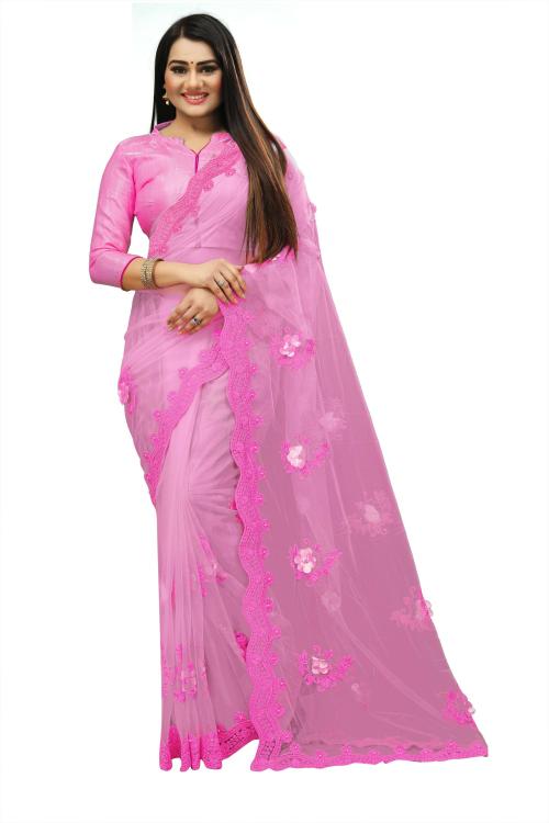 Buy N V Patel Women Baby Pink Embroidered Net Bollywood Saree Online at ...