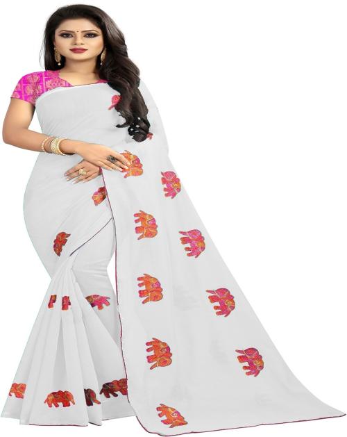 Buy Lady Raiment Embroidered Bollywood Cotton Blend Saree (White ...