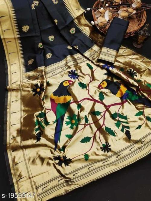 Buy MANGROLIYA IMPEX Women Black Applique Pure Silk Paithani Saree Online at Best Prices in ...