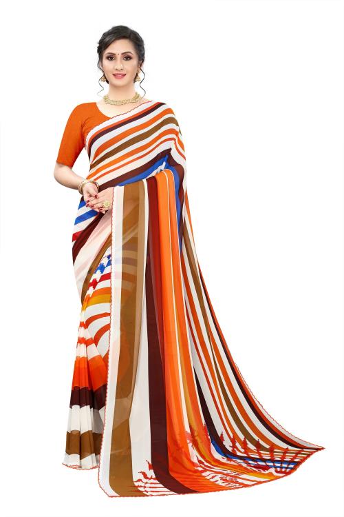 Buy NISHA CREATION Women White Striped Georgette Single Saree Online at ...