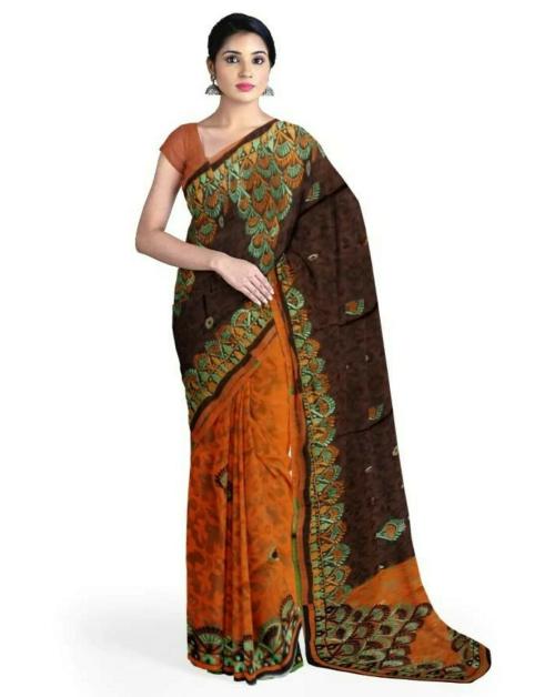 Buy SAMVITA's Multicoloured Orange Cotton Jamdani Embroidered Saree For ...
