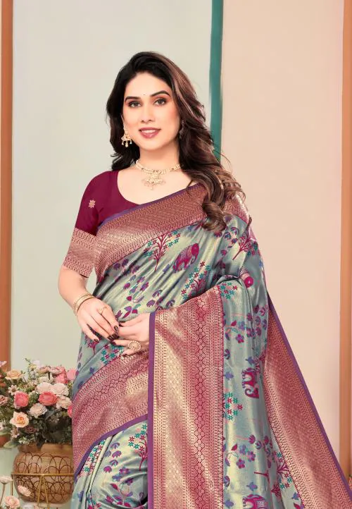 Buy Om Shantam sarees Morpich Woven, Self Design Kanjivaram Banarasi ...