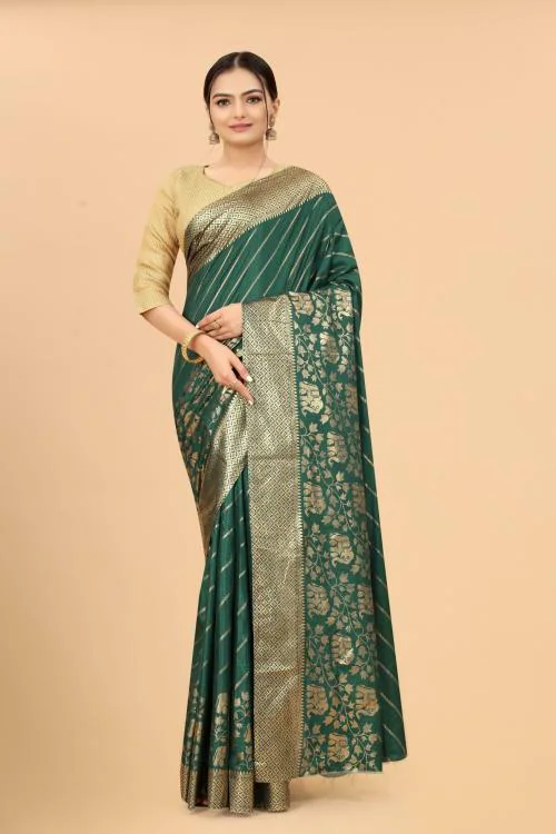 Buy Febo Fashion Women Dark Green Striped Silk Blend Single Saree ...