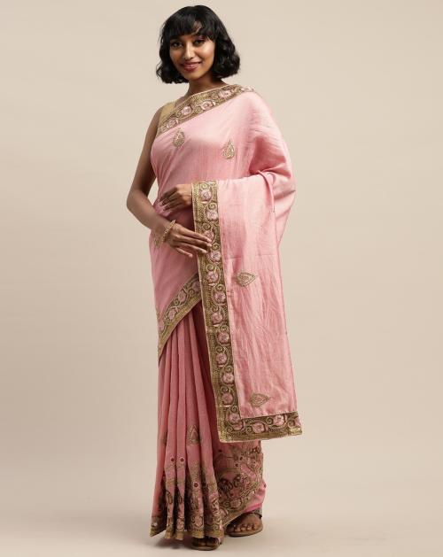 Buy KAVINDI Embroidered Bollywood Art Silk Saree (Pink) Online at Best ...