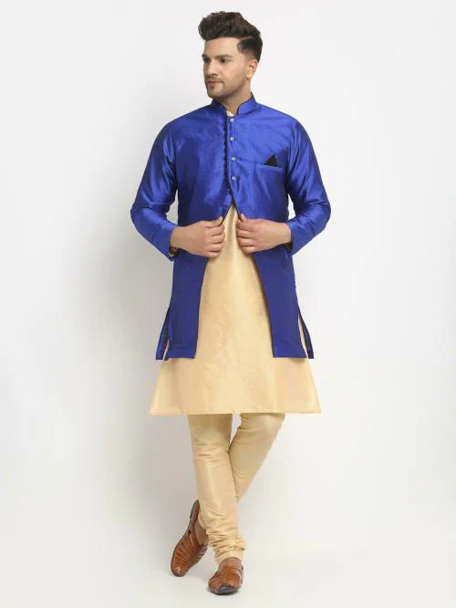 Buy Benstoke Men's Gold Kurta With Pyjama & Royal Blue Self Design ...