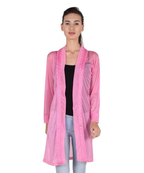 Buy Sweekash Lace Net Full Sleeve Thigh Length Solid Light Pink Shrug ...