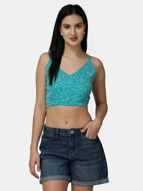 Buy Popwings Women Casual Turquoise Blue Floral Printed Georgette Knot ...