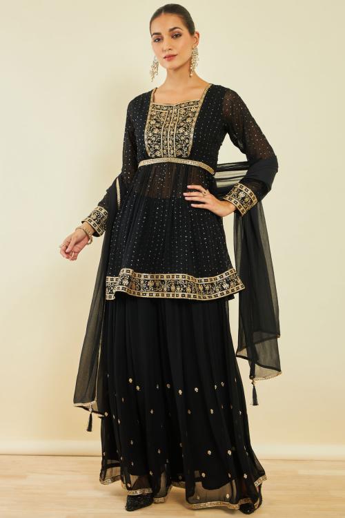 Buy Soch Black Georgette Suit Set With Ethnic Embroidery And Sequins ...