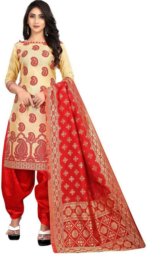 Buy HYPHORIA Women Red and Beige Woven Design Jacquard Unstitched Kurta ...