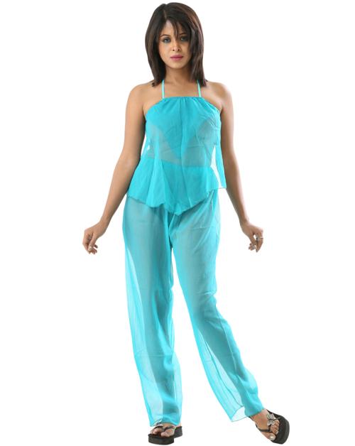 Buy Fascinating Lingerie 3-Piece Elegant Turquoise See Through Pajama ...