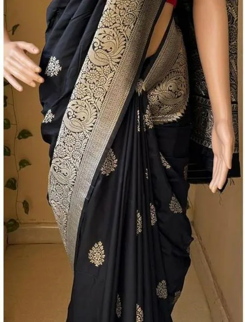 Buy Reeta Fashion Designer Black Lichi Silk Butta Work Saree With ...