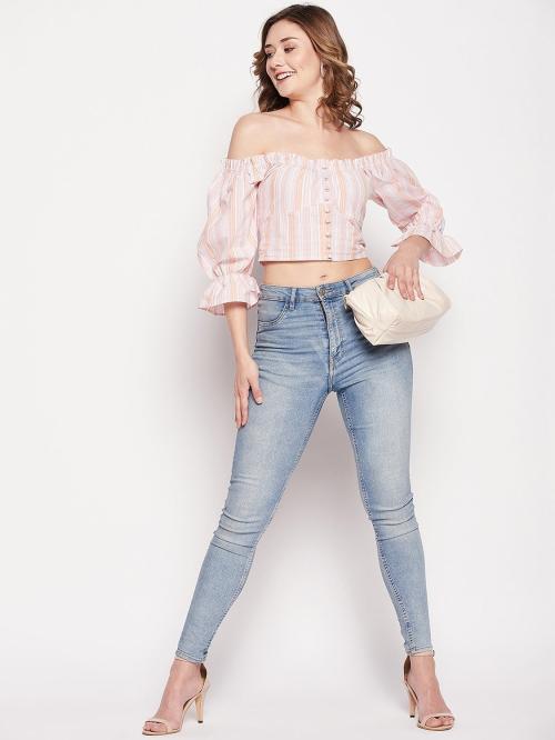 Buy Camla Women Pink Striped Cotton Blend Casual Top Online at Best ...