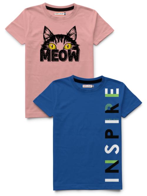 Buy HELLCAT Trendy Pink & Blue Printed Round Neck Half Sleeve Tshirt ...