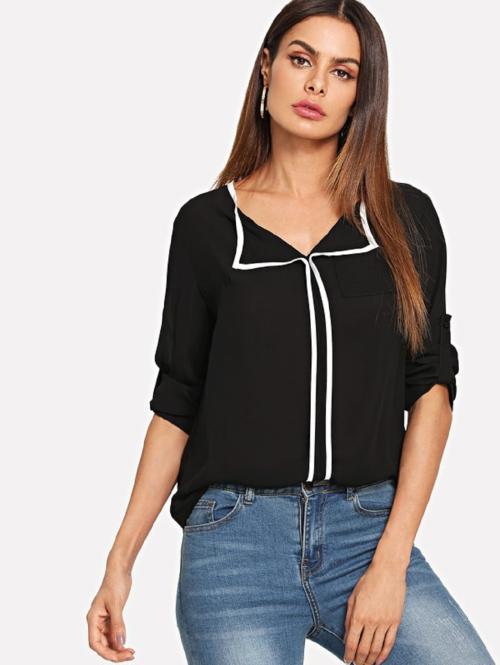 Buy Fabrange Contrast Binding Roll Tab Sleeve Black Top Online at Best ...