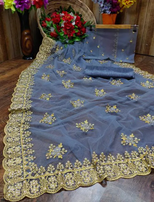 Buy Grey Heavy Net Saree With Embroidery Work Online at Best Prices in ...