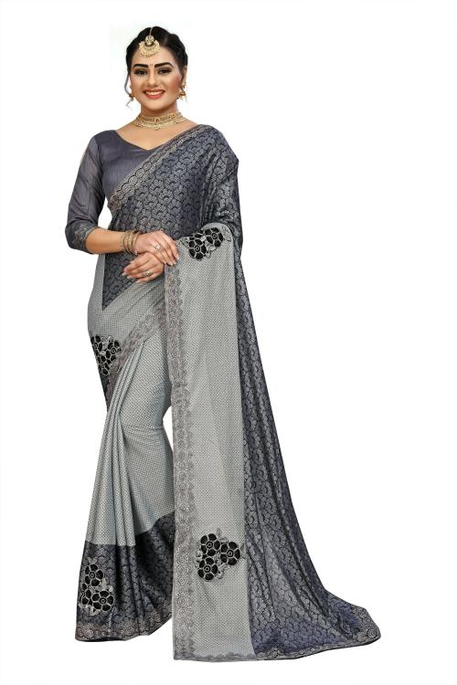 Buy N V Patel Women Grey Floral Print Silk Blend Bollywood Saree Online ...