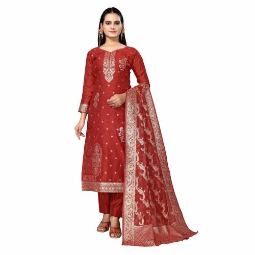 Buy Silk Blend Womens Maroon Banarasi Silk Unstiched Salwar Suit ...