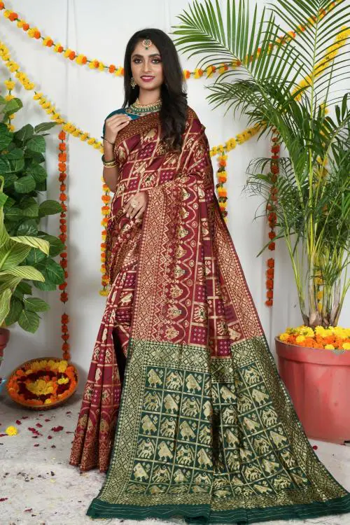 Buy SWIFFIN Most Polular Litchi Silk Bandhani Maroon & Green Saree For ...