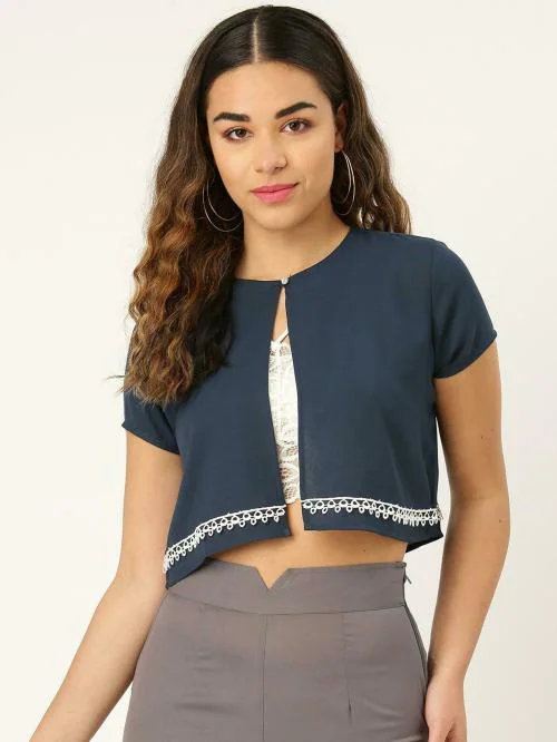 Buy Style Quotient Women Navy Blue Solid Crop Button Shrug Online at ...