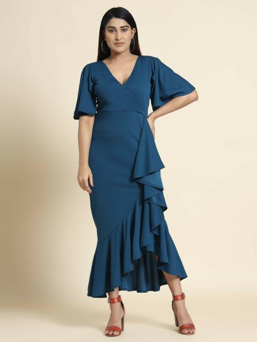Buy Leeli Peeri Designer Women Blue Solid Cotton Lycra Blend A-Line Dress Online at Best Prices ...