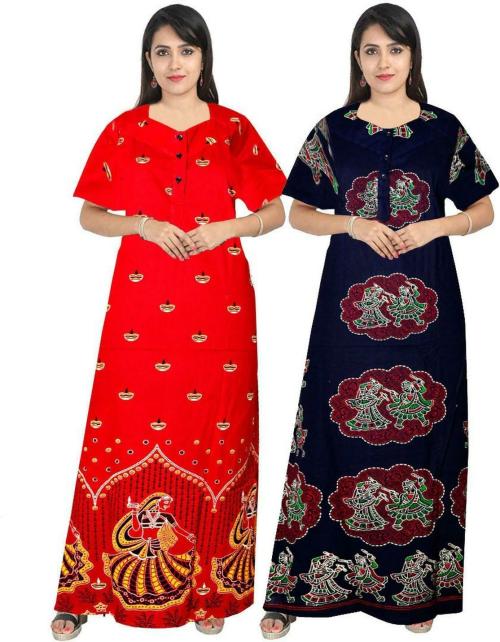 Buy Mudrika Women Multicolor Printed Cotton Pack of 2 Nighty Set Online ...