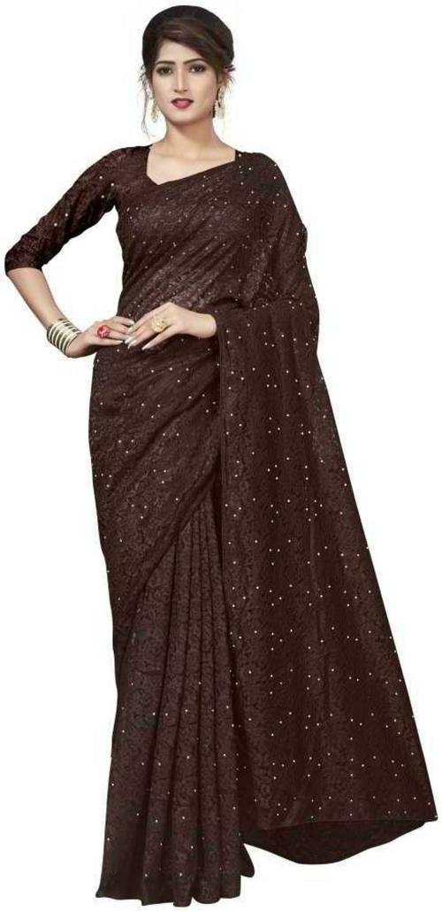Buy SUALI Women Brown Self Design Net Single Saree Online at Best ...
