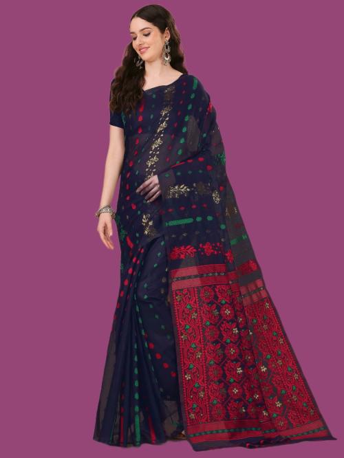 Buy LOOKARENA Women Navy Blue Woven Design Cotton Silk Jamdani Saree ...