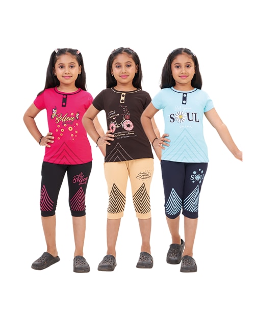 Buy MSP COLOURKIDS Girls Printed T-Shirts & Capri Sets Combo Of 3 ...
