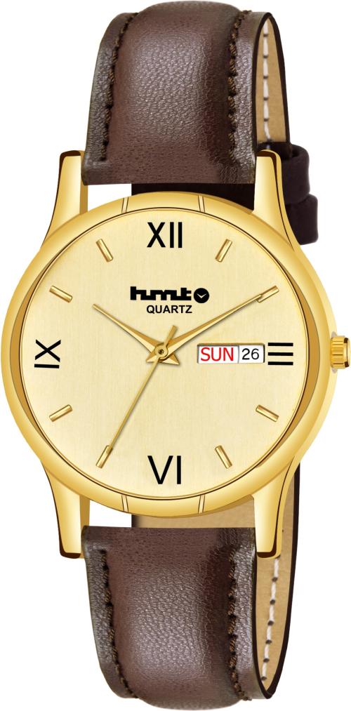 Buy HMTO Day And Date Analog Gold Dial And Brown Strap Watch For Men ...