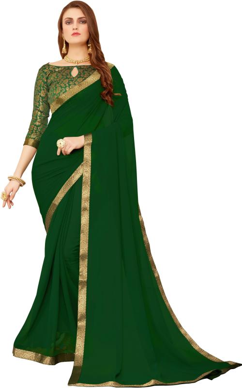 Buy AKSHARAM Women Dark Green Solid Chiffon Bollywood Saree Online at Best Prices in India ...