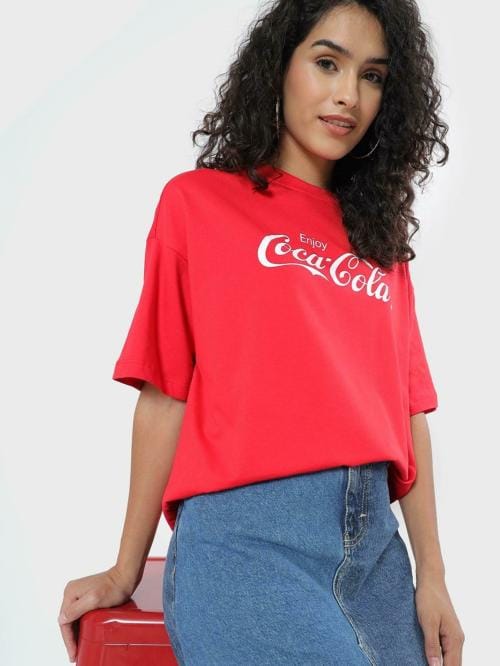 Buy Bewakoof Women's Red Enjoy Coca-Cola Typography Round Neck Short ...