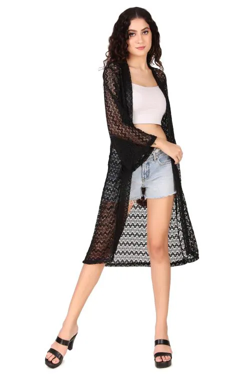 Buy Sweekash 3/4th Sleeve Self Design Lace Net Knee Length Shrug ...