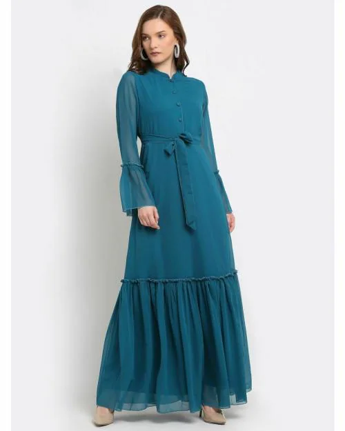 Buy La Zoire Belted Solid Flared Maxi Dress Online at Best Prices in ...