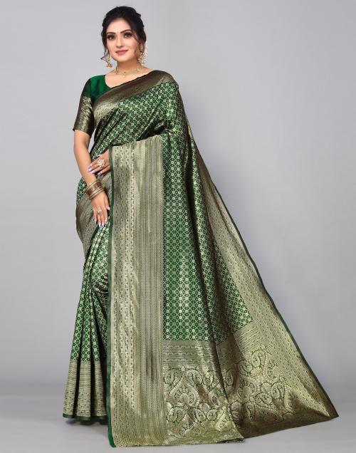Buy Satrani Art Silk Green & Gold Color Saree with Blouse piece | sarees for Women| saree ...