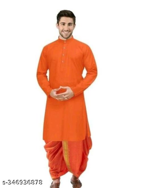 Buy SONBAI Men Cotton Kurta with Readymade Silk Dhoti (XS) (Orange ...