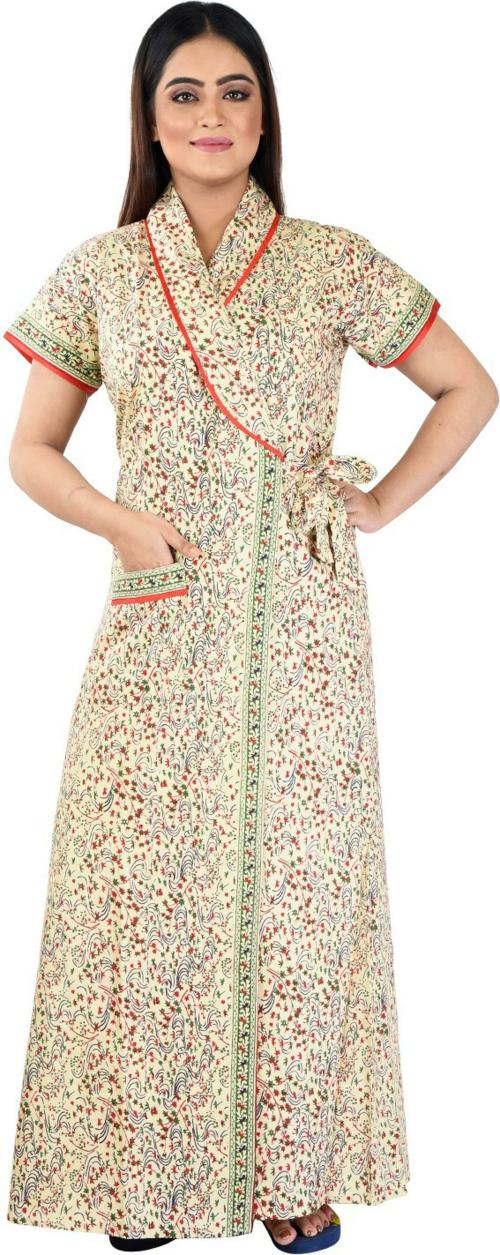 Buy BELLAMY Women Beige Floral Pure Cotton Single Nighty Online at Best ...