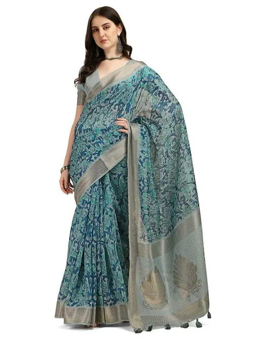 Buy Dungrani Blue, Grey Digital Print Cotton Silk Women Saree With ...