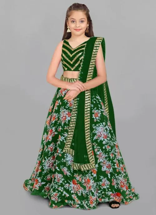 Buy Piludi Girls Dark Green Embroidered Art Silk Lehenga & Choli ...