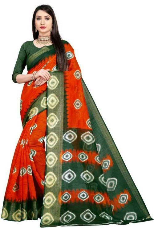 Buy SAREYA VEELA Daily Wear Women Orange and Green Printed Cotton Silk ...
