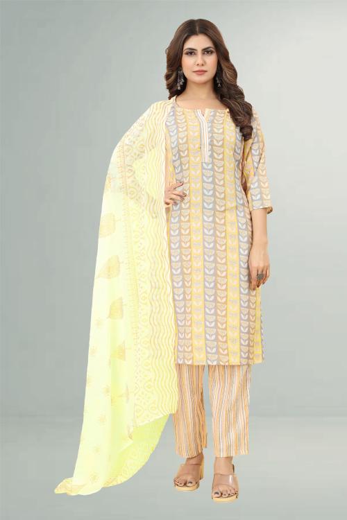 Buy KIWIE Yellow Cotton Ikat Printed Kurta with Pant and Dupatta Set ( KW801-Yellow_XL ) Online ...