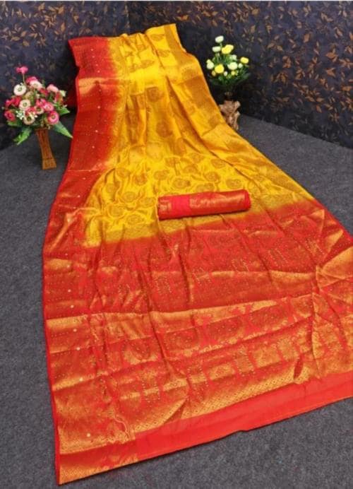 Buy Mansh the stylo..Women Yellow, Red Woven Georgette Bandhani Saree ...
