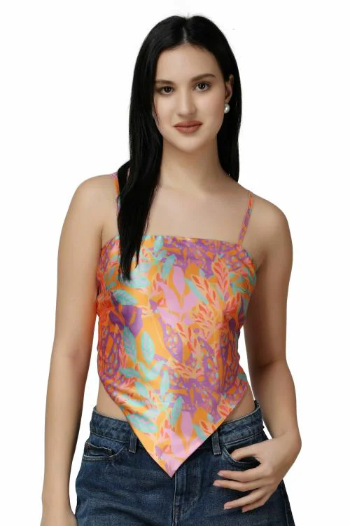Buy Popwings Women Casual Multicolor Printed Satin Scarf Knot Solid Crop Top Online at Best ...