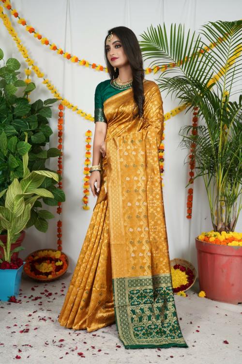 Buy SWIFFIN Luxury Collection Litchi Silk Bandhani Yellow & Green Saree ...