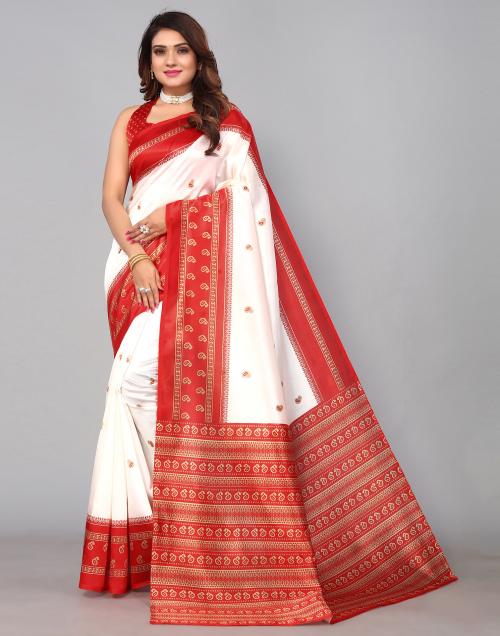 Buy Siril Poly Silk Red & White Color Saree with Blouse piece | sarees ...
