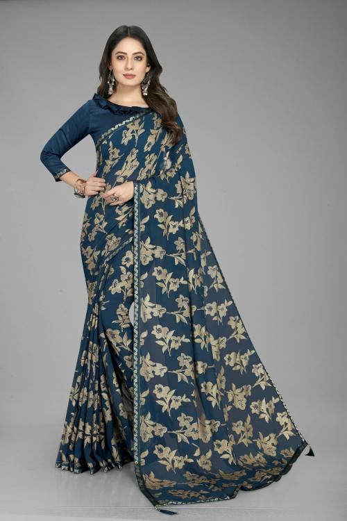Buy SWIFFIN Exclusive Georgette Banarasi Royal Blue Saree For Women ...