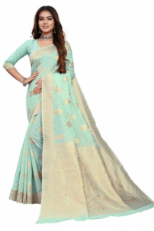 Buy BRODLOG Ruby Self Design Chanderi Cotton Blend, Jacquard Saree for Women (Sky Blue) Online ...